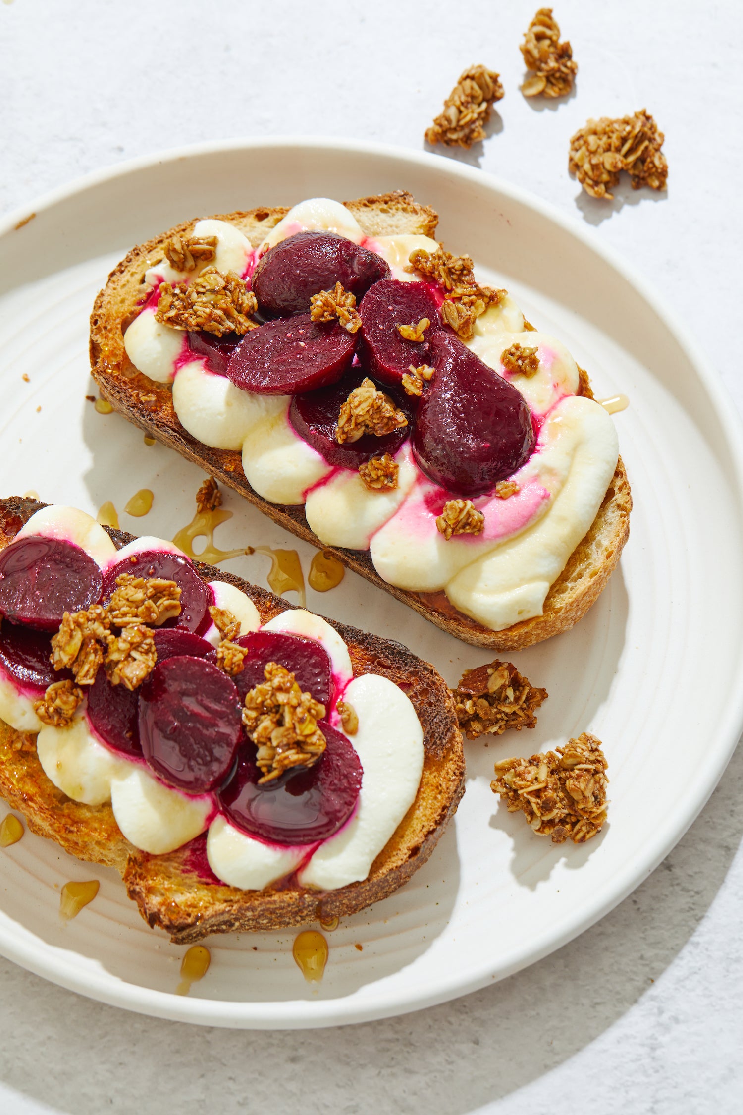 Whipped Ricotta Toast with Beets and Honey Almond Probiotic Granola
